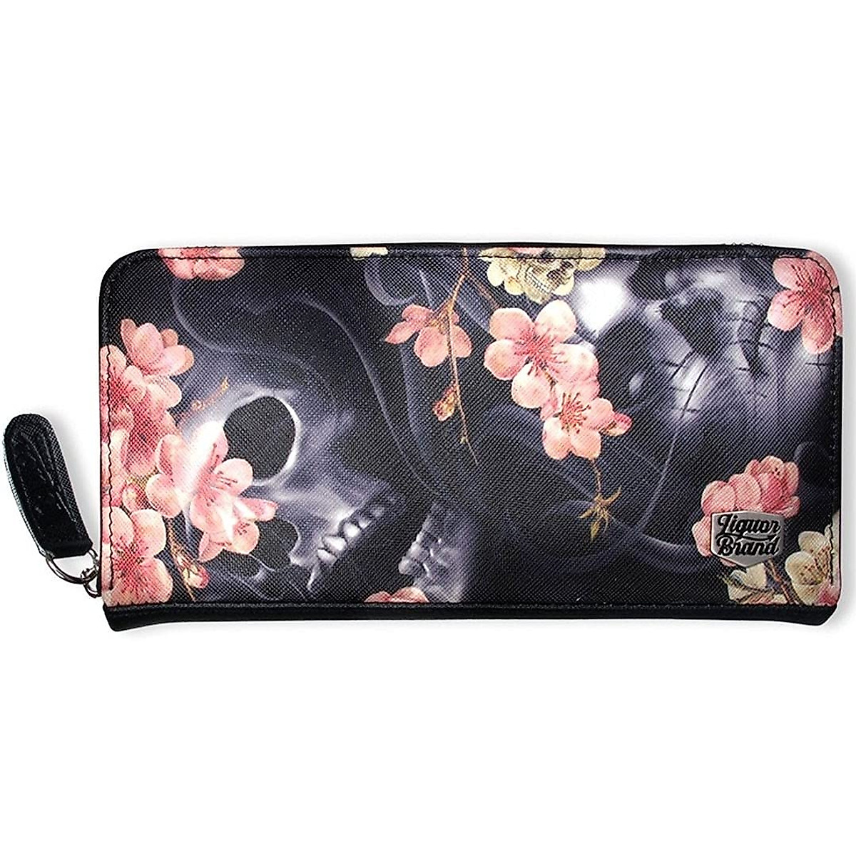 Liquorbrand Sakura Skulls and Pink Flowers Zip Around Wallet | Dia De Los Muertos