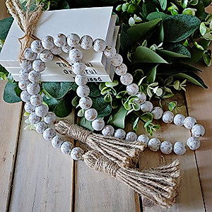 Farmhouse Wood Bead Garland Home Decor, Natural Wooden Garland for Tiered Tray, Decorative Tassel Garland for Tier Tray, Rustic Beads Centerpiece Boho Table Decor, Garland Beaded Accent White Washed