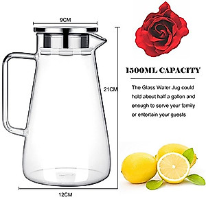 52 Ounces Borosilicate Glass Pitcher with Handle - Heat Resistant Water Carafe with Stainless Steel Lid - Large Beverage Pitcher for Homemade Juice and Iced Tea