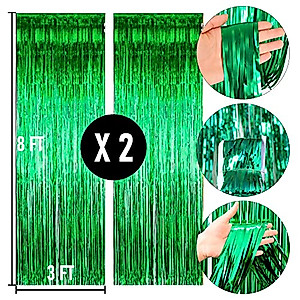 Dazzle Bright 2 Pack Backdrop Curtain, 3FT x 8FT Metallic Tinsel Foil Fringe Curtains Photo Booth Background for Baby Shower Party Birthday Wedding Engagement Bridal Shower Decorations, Green