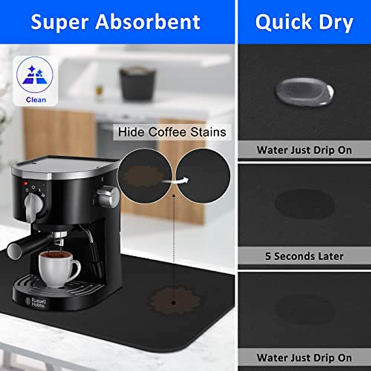 FUMAX Coffee Mat, 16”x32” Large Coffee Maker Mat for Countertop, Absorbent & Hide Coffee Stains Coffee Bar Mat, Non-Slip Rubber Backed, Coffee Bar Accessories Fit Under Coffee Maker Machine