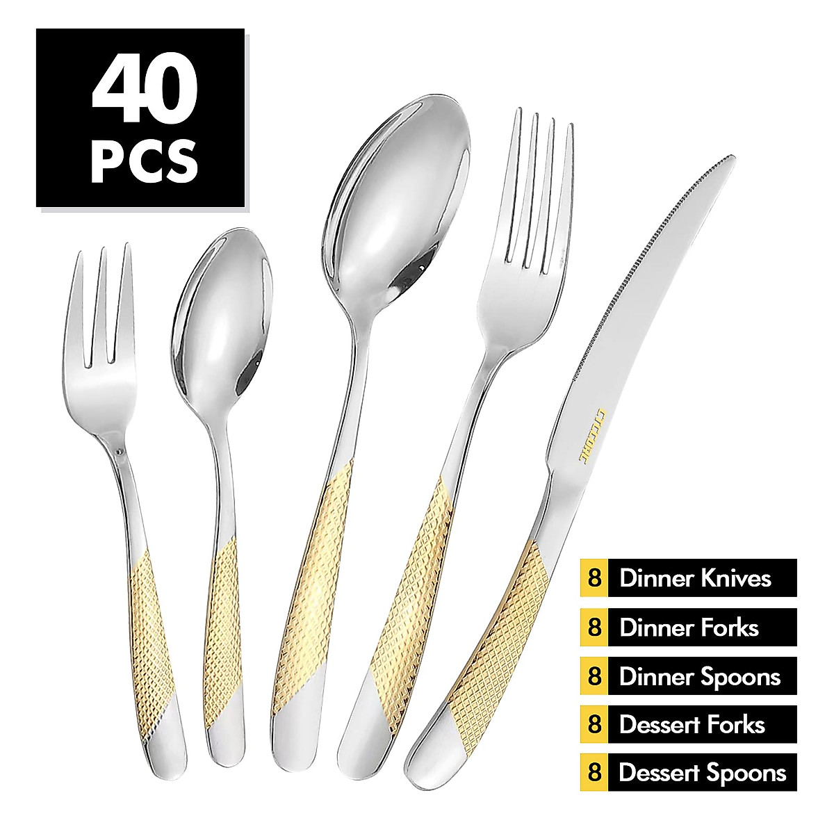 CTCCORC 40-Piece Silverware Set, Luxury Gold Silverware Kitchen Flatware Sets Service for 8, Premium Cutlery Utensil Set with Dinner Knife Spoon Fork Set, Durable Stainless Steel Tableware Sets