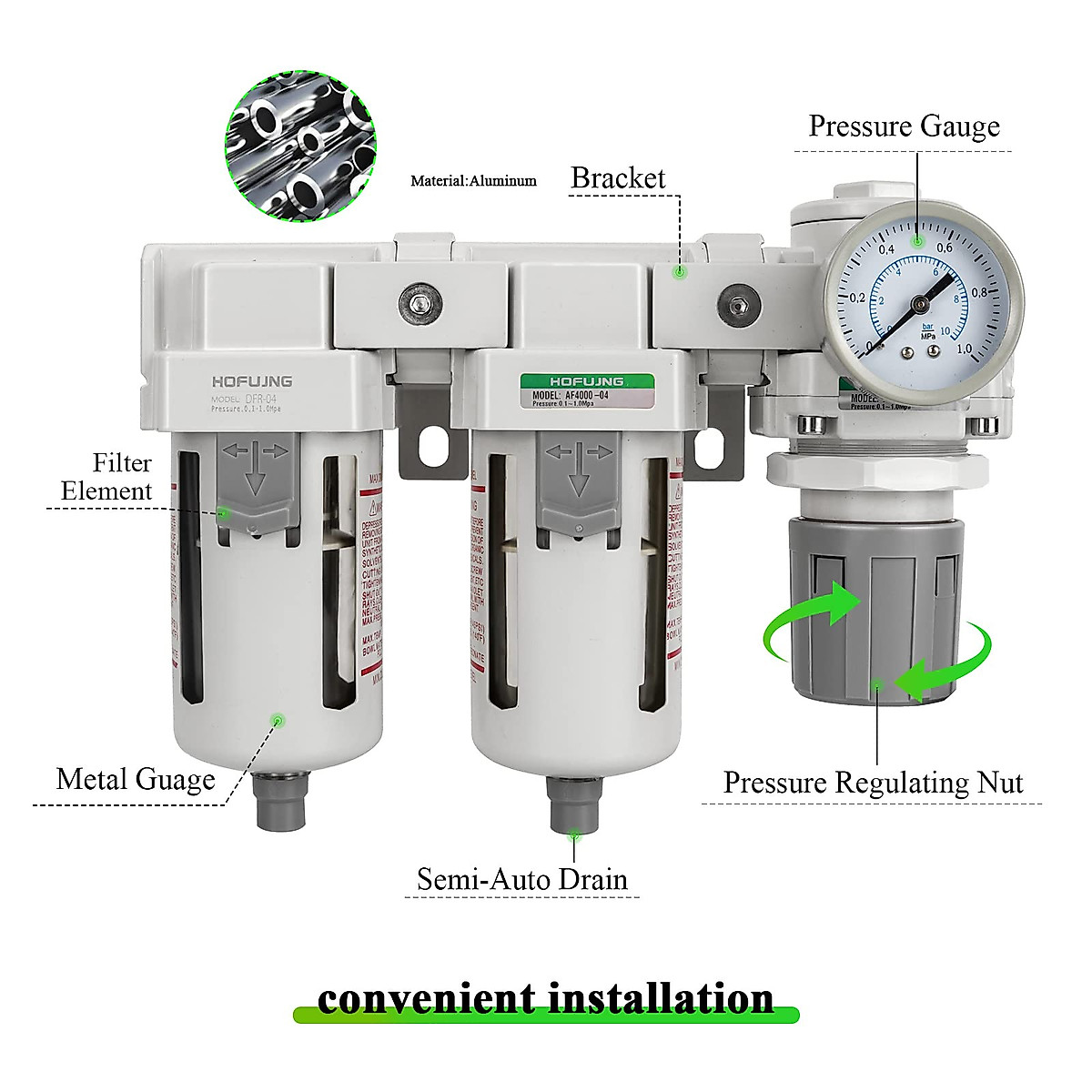 1/2" NPT Air Dryer System, 5 Micron Particulate Filter, 0.5＆0.01 Micron Coalescing Filters, Air Pressure Regulator Combo, 0-150 psi Gauge, Semi-Auto Drain, Poly Bowl, Metal Bracket