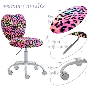 LZAREAL Cute Fuzzy Kids Chair for Teenage Girls Rolling Study Desk Student Chair Furry Computer Task Chair, Adjustable Heart Shaped Reading Vanity Chair for Bedroom, Leopard