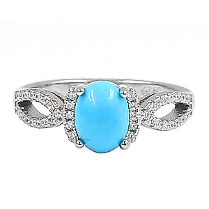 8X6 MM Oval Natural Blue Turquoise Cabochon 925 Sterling Silver December Birthstone Solitaire Unisex Proposal Ring Valentine Day Gift For Girlfriend Gift (Rhodium Plated Silver, 8)