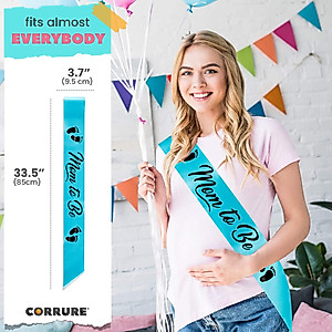 CORRURE Baby Shower Mom to Be Sash for Boy or Girl - Beautiful Blue Ribbon Sash and Black Foil Text - Ideal Gender Reveal, Baby Shower Favors, Welcome Baby, Mom to Be or Baby Sprinkle Gift
