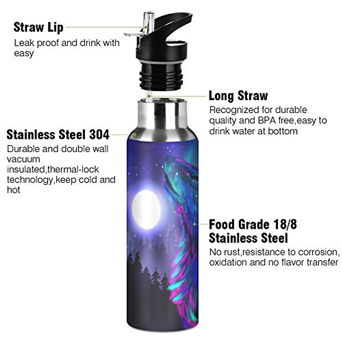 Galaxy Animal Wolf Abstract Water Bottle Vacuum Insulated Stainless Steel Thermos Mug Kids Water Bottle with Straw and Handle Keep Hot Cold Sport Bike Fit Travel Outdoor 20 oz