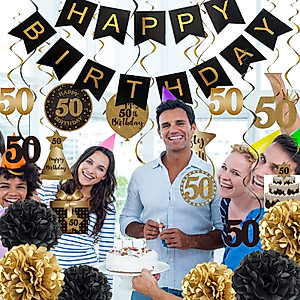 BRT Bearingshui Happy 50th Birthday Hanging Swirls Streamers Decoration Set, Happy Birthday Banner with Tissue Pompoms, Black and Gold 50 Years Old Birthday Party Hanging Backdrop Decorations