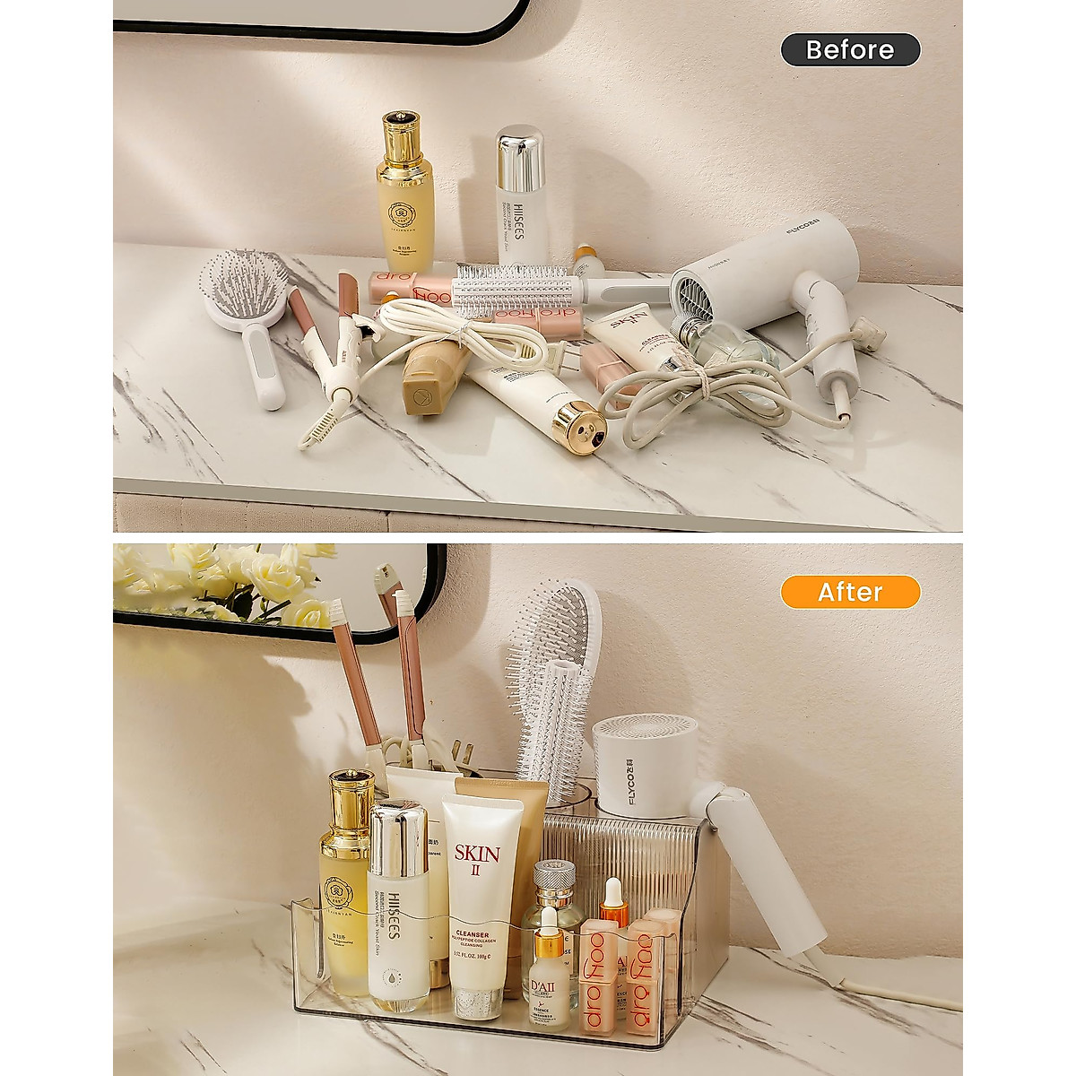 Ecolumnior Clear Bathroom Storage Hair Tools Organizer for Hot Tool, Hair Accessories, Brushes, Comb, Hair products, and Makeup, Vanity Countertop.