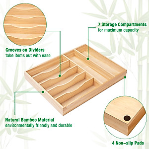 Silverware Organizer, Kitchen Drawer Organizer 13"× 17" Bamboo Drawer Organizer Utensil Holder and Cutlery Tray with Grooved Drawer Dividers for Flatware Forks Spoon, 7 Compartment Utensil Organizer