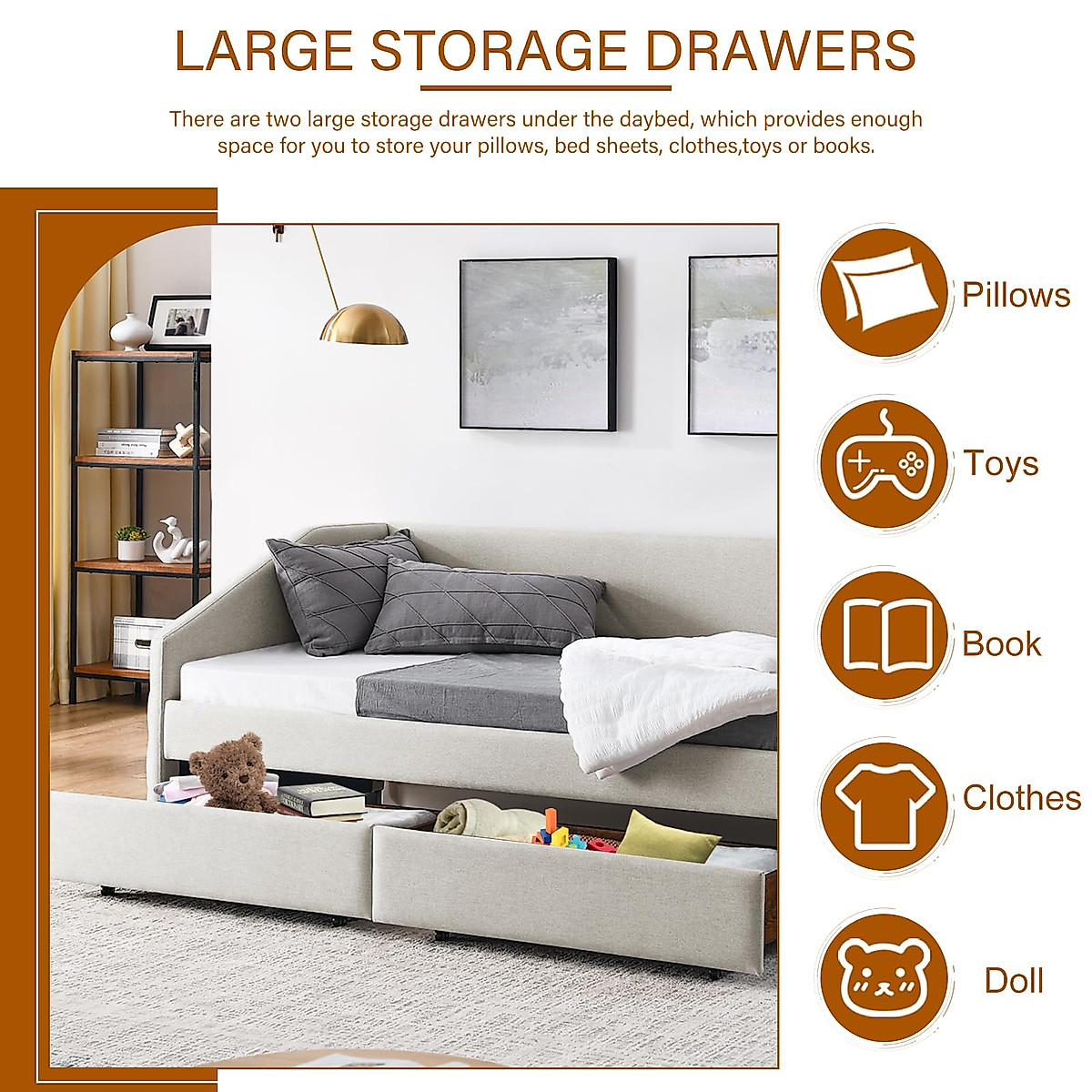 Twin Daybed with Storage Drawers, Upholstered Twin Size Daybed Frame, Modern Sofa Day Bed Frame with Curved Armrests, Linen Fabric Bedroom Furniture Bedframe, No Box Spring Needed (Twin, Beige)