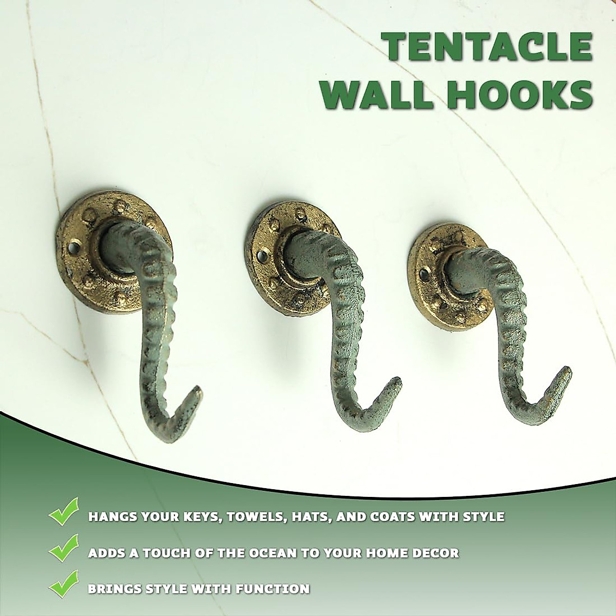 Zeckos Set of 3 Verdigris Bronze Cast Iron Octopus Tentacle Wall Hooks: Nautical Key Hangers, 4.5 Inches High - Easy to Install - Enhance Your Decor with Coastal Charm