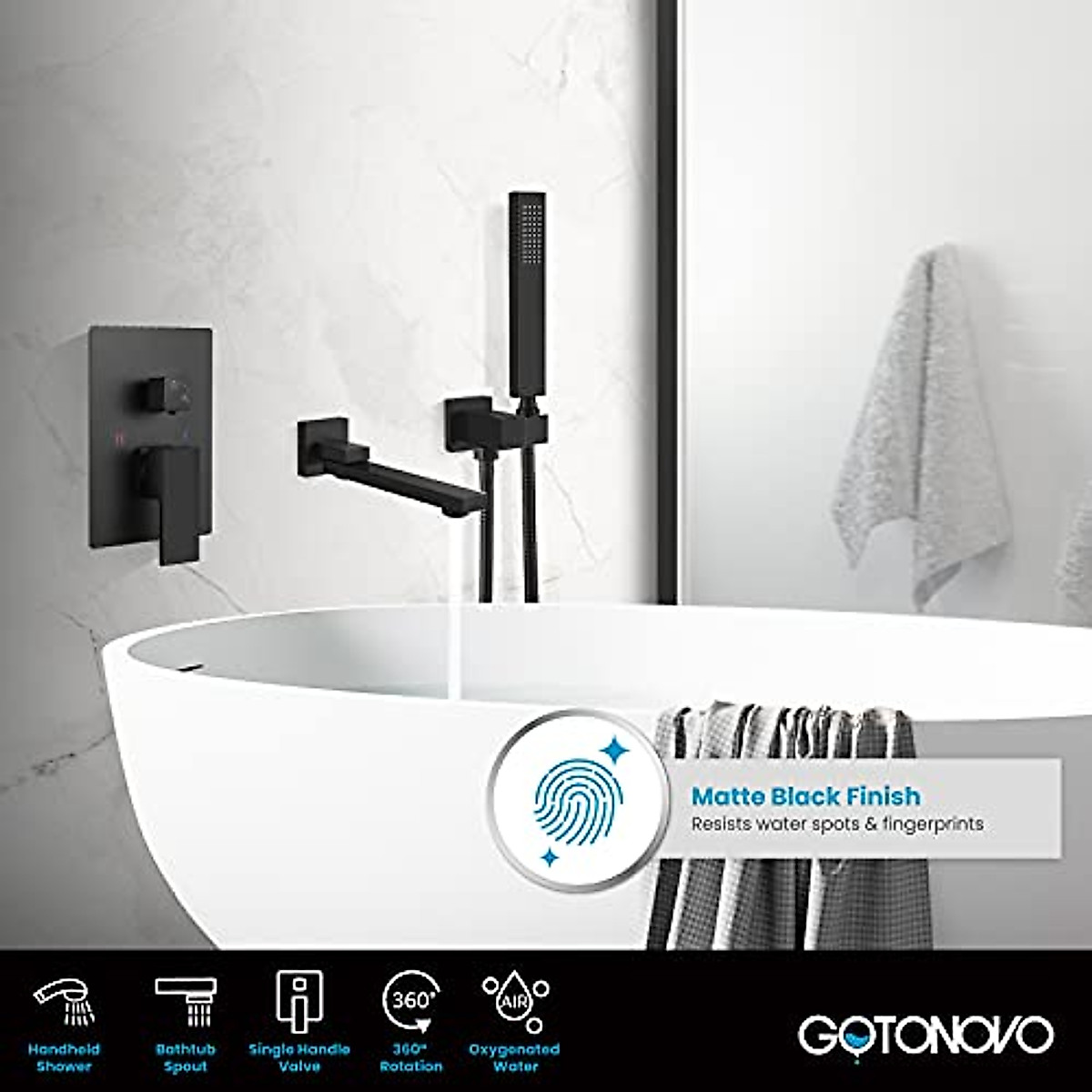 gotonovo Matte Black Wall Mount Bathtub Faucet with Hand Held Sprayer and Swivel Tub Filler Single Handle Bathroom Shower System Mixer For Tub Rough-In Valve Included Dual Functions