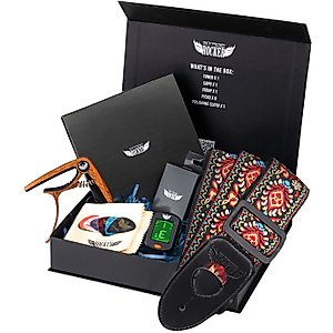 Stage Rocker Guitar Accessories Gift Box for Acoustic and Electric Guitars, Red Jacquard Weave Guitar Strap, Picks, Capo, Tuner, Cleaning Cloth, 5-in-1 Essential Gift