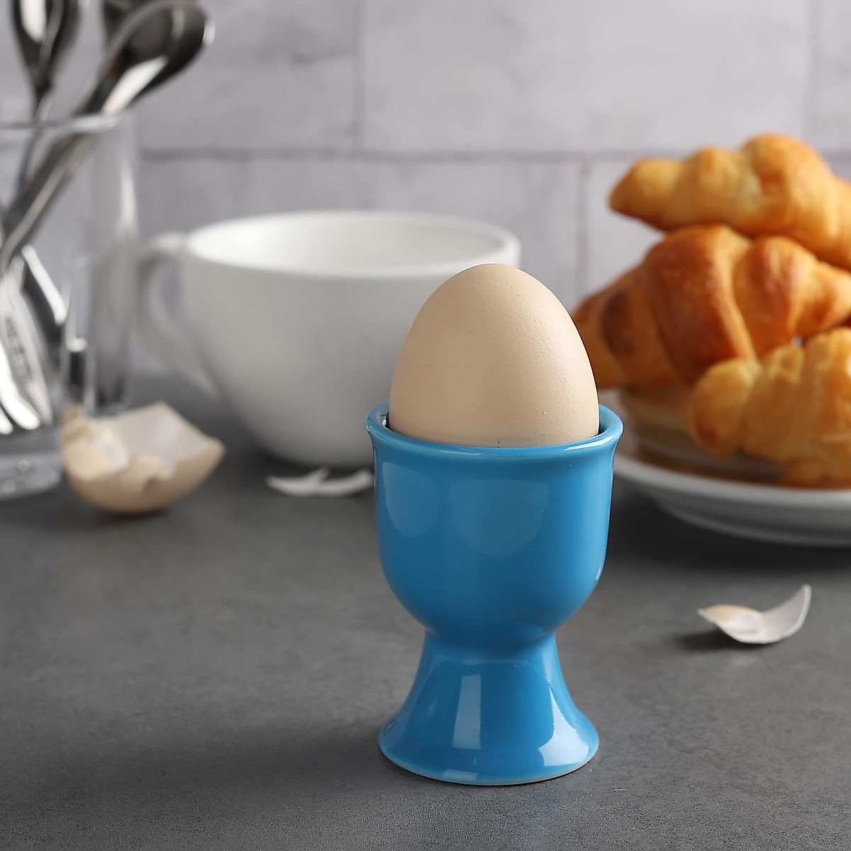 Ceramic Egg Cups Set of 6 Porcelain Egg Stand Holders for Soft Hard Boiled Eggs for Breakfast (Blue)
