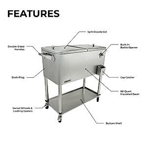 Permasteel 80-Qt Outdoor Patio Cooler with Wheels and Handles, Stainless Steel