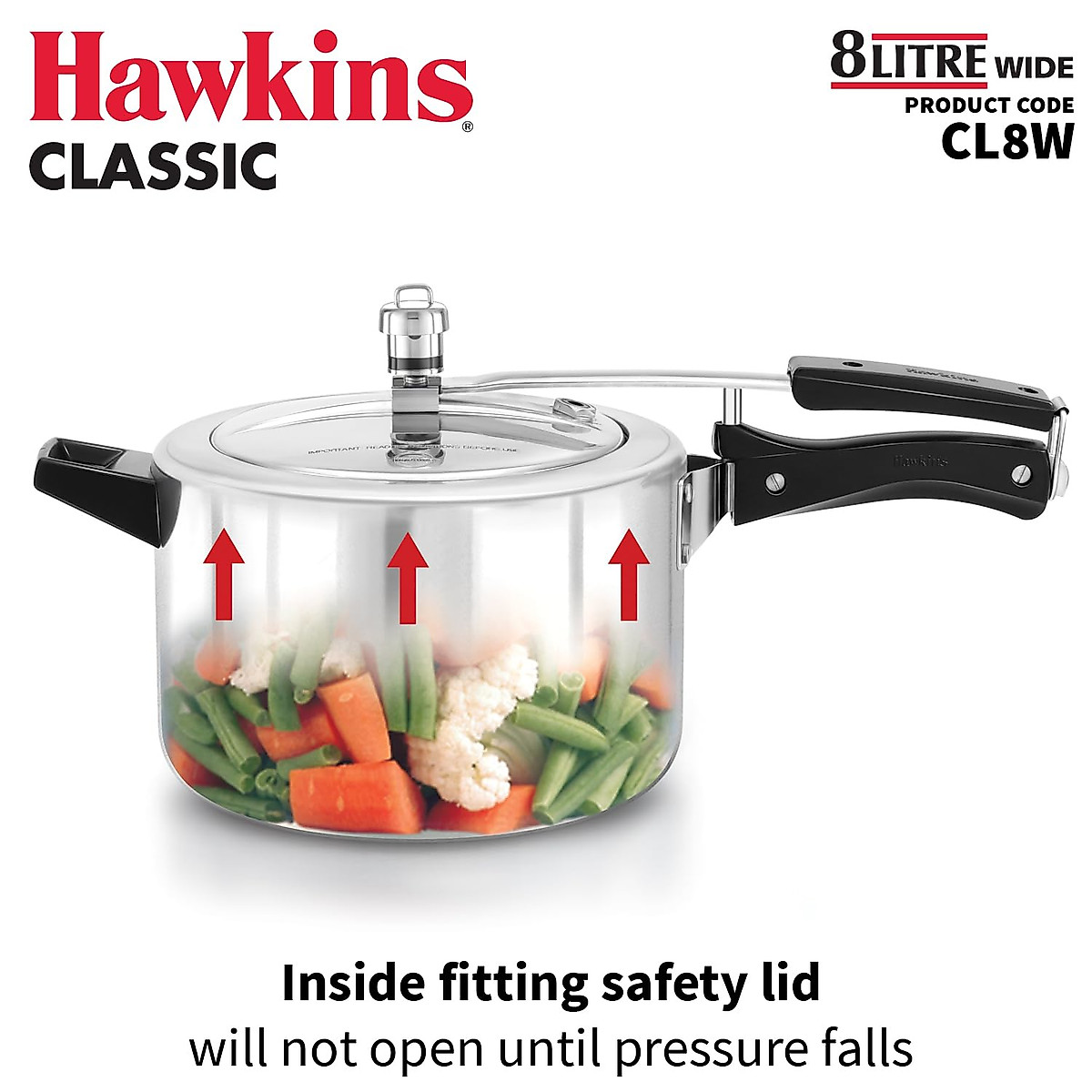 Hawkins Classic CL8W 8 L Aluminum Pressure Cooker, Medium, Silver, 8-Liter Wide Body