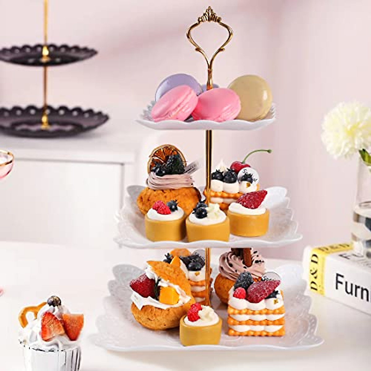 Barelove 3 Tier Plastic Cupcake Stand, Cake Display Tiered Serving Tray, 2 Pack Plastic Dessert Pastry Candy Platter Holder Tower for Wedding, Birthday, Tea Party, Baby Shower Decor (Square, White)