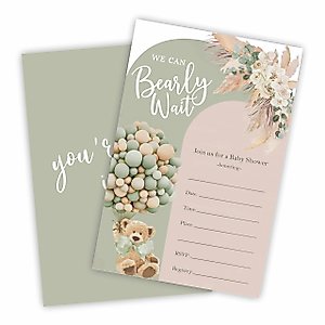 We Can Bearly Wait Baby Shower Invitation, 20 Boho Floral & Bear Balloon Double-Sided Fill-In Invites With Envelopes, For Boys And Girls Baby Announcement, Gender Reveal Party Favor & Supplies - B01