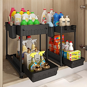 Sevenblue 2-Pack Under Sink Organizer, 2-Tier Multi-Use Pull Out Kitchen Bathroom Organizers and Storage, Cabinet Organizer with 2 Hanging Cups and Multi-type Hooks (Black)