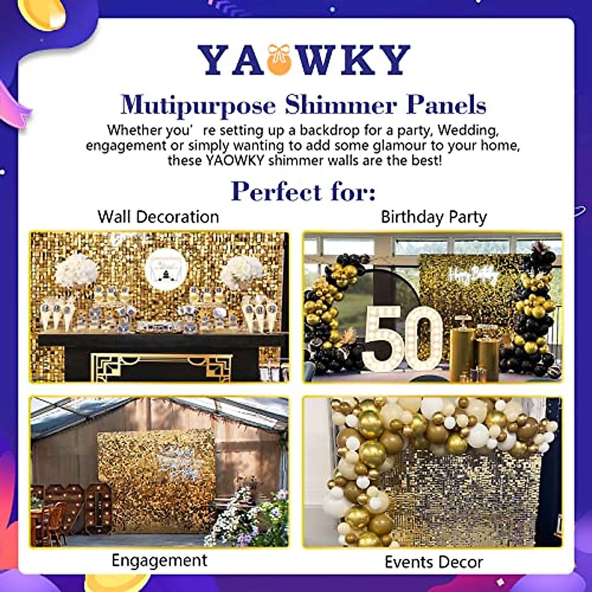 Gold Shimmer Wall Backdrop,24 Pcs Square Sequin Wall Panels Birthday Wedding Backdrop Bachelorette Party Decoration, Wall Decor for Christmas Photo Backdrops Anniversary Engagement Graduation