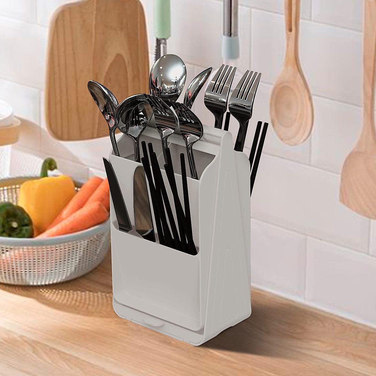 Coonice Cutlery Holder with Drip Tray Drawer, Flatware Organizer Sink Tidy Caddy Separable Parts Drawer Organizers Ivory White