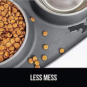 Gorilla Grip Slip Resistant Pet Bowls and Silicone Feeding Mat Set, Catch Water and Food Mess, Raised Edges for No Spills, Stainless Steel Cat and Dog Dish Bowl for Small and Large Pets, 2 Cups Gray