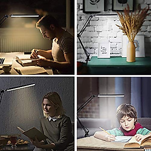 LED Desk Lamp, Adjustable Swing Arm Lamp with Clamp, Eye-Caring Reading Desk Light, 10 Brightness Levels, 3 Lighting Modes, Memory Function Desk Lamps for Home Office with Adapter (Black)