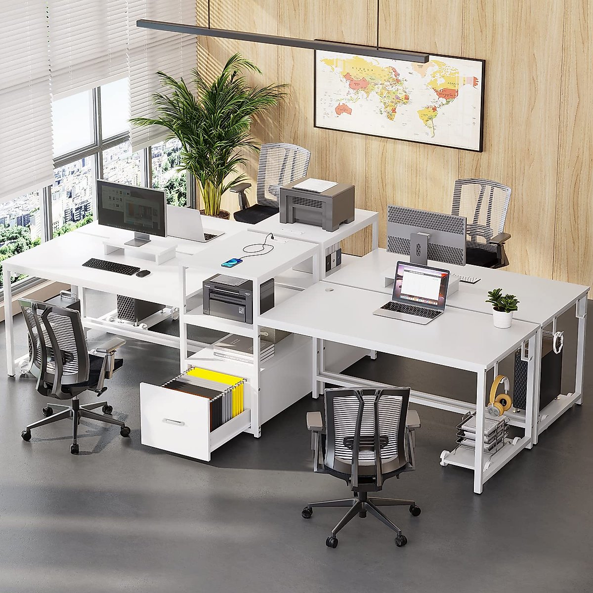 SEDETA 98" Home Office Desk, White Computer Desk with Letter/A4 File Drawer & Power Strip with USB, 2 Person Long Desk with Storage, Printer Shelf & Monitor Stand for Home Office, White