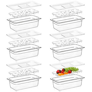 Sunnyray 6 Set 1/3 Size Polycarbonate Food Pans with Lids and Drain Shelf Clear Square Food Storage Containers for Kitchen Restaurant Fruit Vegetable Food Container and Storage (4 Inch Deep)