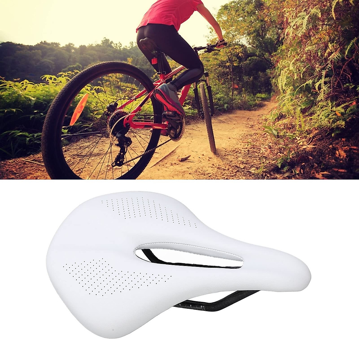 BuyWeek Bike Seat, Carbon Fiber Leather Bicycle Saddle Hollow Bicycle Seat Cushion 155mm Widen for Mountain Road Bike(White)