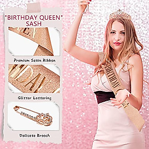 "BIRTHDAY QUEEN" Sash and Rhinestone Tiara Set, Birthday Tiara Crown Glitter Crystal Glitter Headband Hair Accessories for Girls Women Birthday Decorations Kit, Party Favors (Rose Gold)