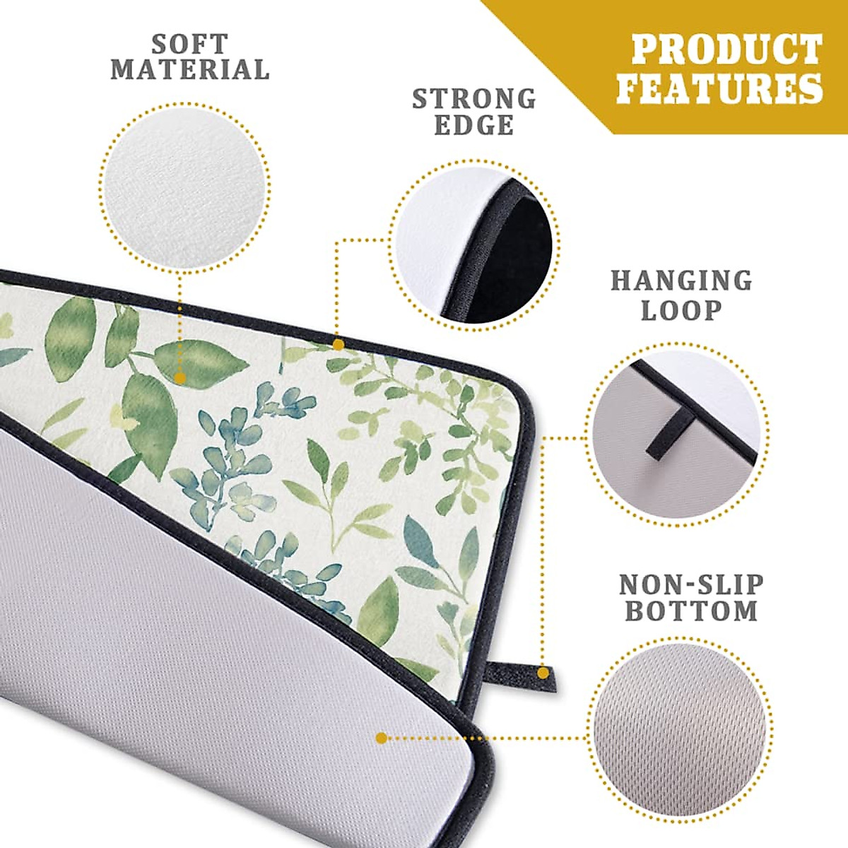 Green Leaves Branches Dish Drying Mat for Kitchen Counter 18x24 Inch Washable Microfiber Drying Mat Spring Floral Absorbent Drying Pad with Hanging Loop for Home Coffee Bar Decoration