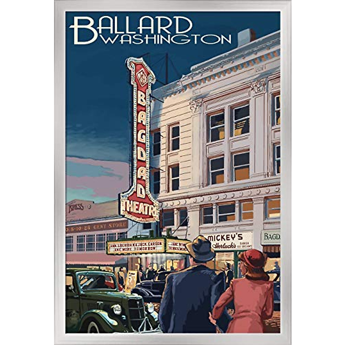 Bagdad Theatre, Ballard, Seattle, WA 41369 (24x36 Giclee Art Print, Gallery Framed, Silver Wood)