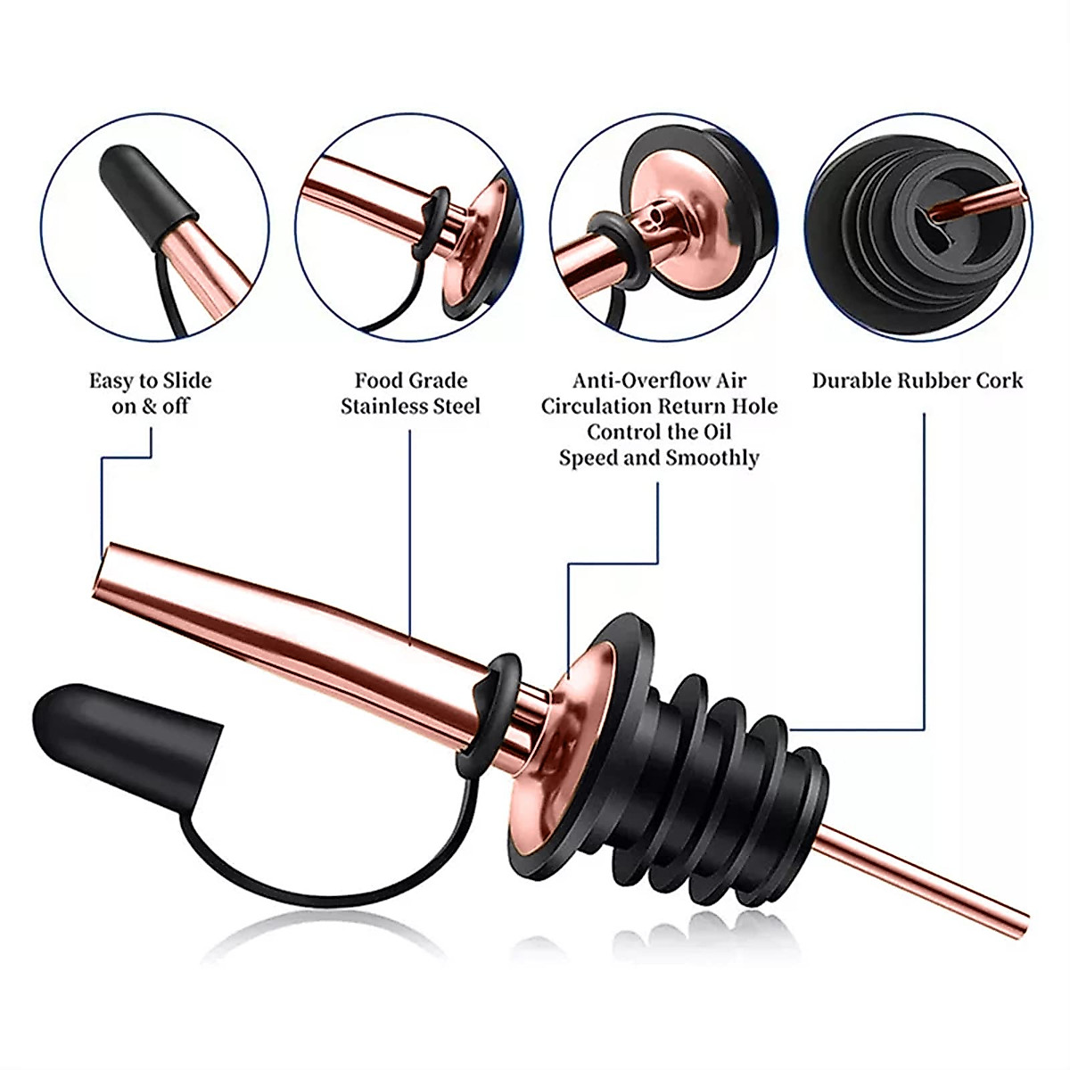 Stainless Steel Liquor Pour Spouts Set, Liquor Bottle Pourers with Rubber Dust Caps for Pours Liquid, Olive Oil, Wine, Vinegar, Cocktail and Whisky (Rose Gold-12 PCS)