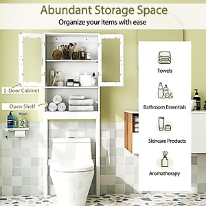 Safeplus Over The Toilet Cabinet, Bathroom Storage Organizer with Double Tempered Glass Doors and Adjustable Shelf, Freestanding Toilet Rack for Bathroom Storage, White
