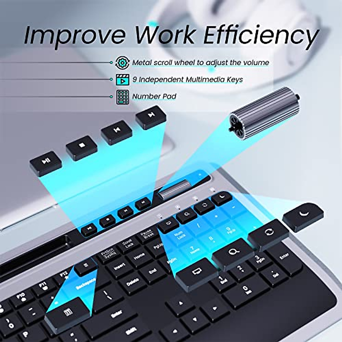 Wireless Keyboard and Mouse Combo, VEILZOR 2.4G Ergonomic Computer Keyboard and Mouse Set, Full Size Cordless USB Keyboard and Mouse Phone Holder for Mac, Laptop Tablet and Computer(Black)