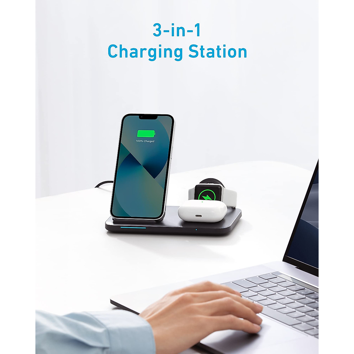 Anker Wireless Charger Stand, Foldable 3-in-1 Stand with Adapter, for iPhone 13, AirPods, Apple Watch (Works with Original USB-A Cable, Not Included)