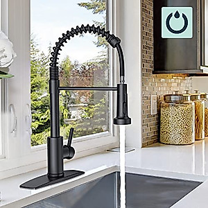 FORIOUS Black Kitchen Faucet with Pull Down Sprayer, Commercial Spring Kitchen Sink Faucet with Pull Out Sprayer, Single Handle Kitchen faucets with Deck Plate, Matte Black