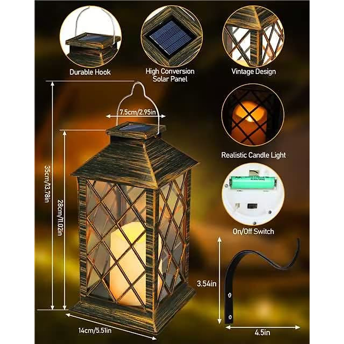 Fuairmee Solar Lanterns Outdoor Waterproof, Set of 2 Hanging Lantern with Brackets, 14 inch LED Flickering Flameless Candle Lights, Outdoor Lanterns for Front Porch Pathway Courtyard Party Patio