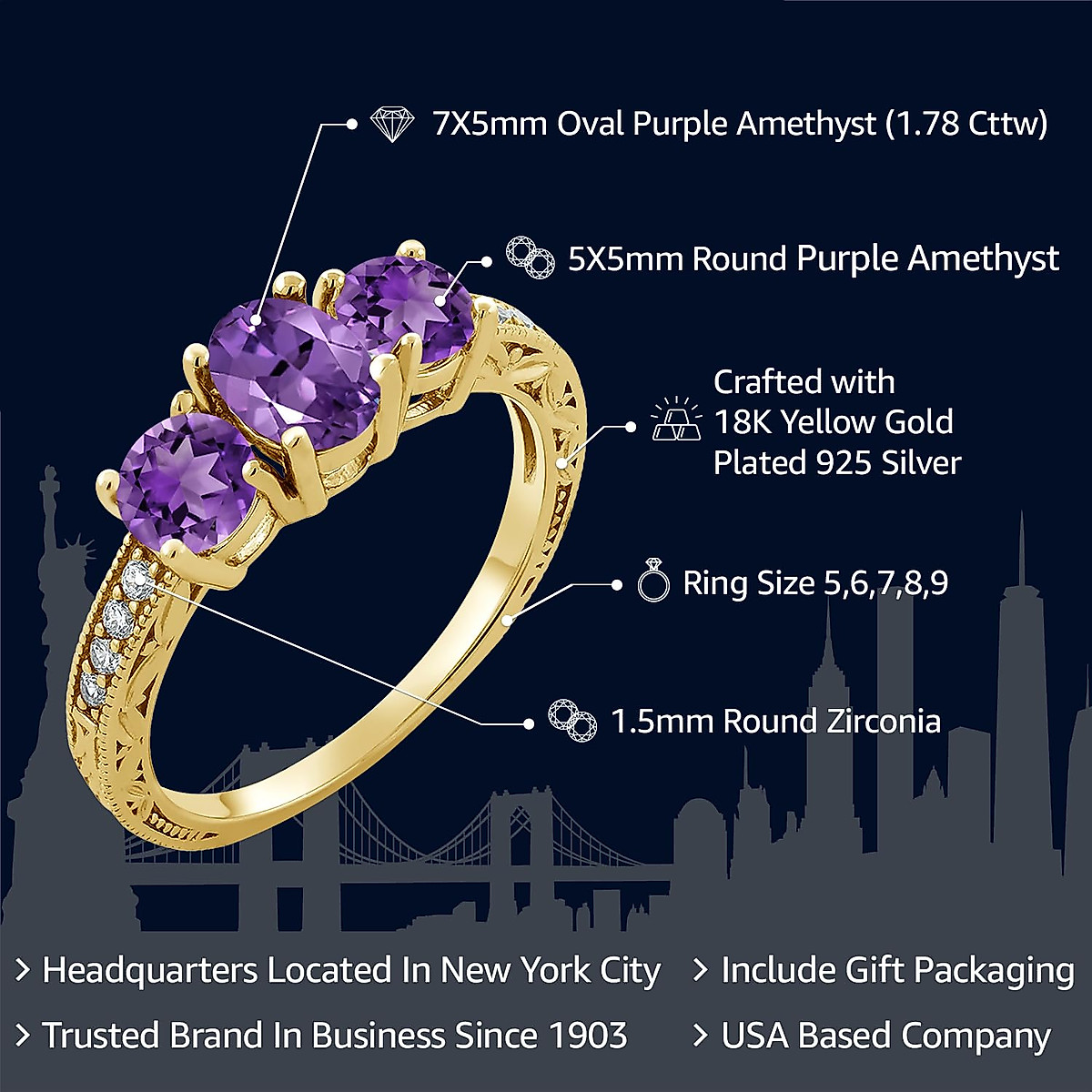 Gem Stone King 18K Yellow Gold Plated Silver Purple Amethyst Ring For Women (1.78 Cttw, Oval 7X5MM, Gemstone Birthstone, Available In Size 5, 6, 7, 8, 9)