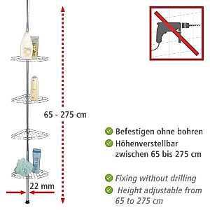 Bathroom Shelf Organizer for Shower Storage, Shower Caddy Tension Pole With 4 Storage Baskets, Stainless Steel, Silver, Dimensions 11 x 108 x 7.8 in