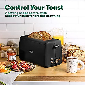 BELLA 4 Slice Toaster, Long Slot & Removable Crumb Tray - 7 Shading Options with Auto Shut Off, Cancel & Reheat Button - Toast Bread & Bagel, Black