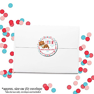 Cute Otter Themed Valentine Party Favor Sticker Labels for Kids, 40 2" Party Circle Stickers by AmandaCreation, Great for Classroom Valentines, Envelope Seals, Gifts & Treats