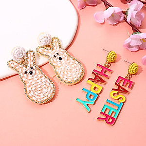 Easter Earrings Beaded Bunny Egg Letter Dangle Earrings for Women Cute Pom Pom Rabbit Holiday Earrings Festive Jewelry Party Gifts (Easter Bunny)