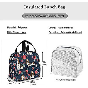 Lunch Bag Basset Hound Floral Dog Dog With Flowers Navy Blue Lunch Box Insulated Bag Tote Bag For Men/Women Work Travel
