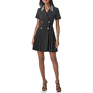 Karl Lagerfeld Paris Women's Pleated Buttons Pearl Dress, Black, 4