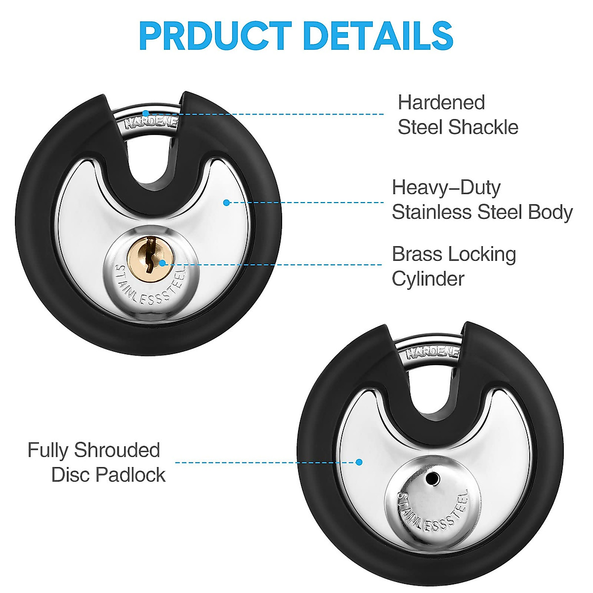 Chumia 10 Pack 70 mm Pad Lock Keyed Alike Padlocks Stainless Steel Discus Lock, 2 Keys Per Lock, Outdoor Round Disc Lock for Storage Unit, Sheds, Garages and Fence, Black Rubber Bumper Sheath