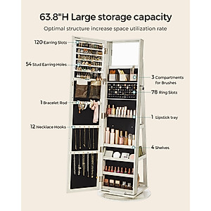 SONGMICS 360° Swivel Jewelry Cabinet, Lockable Jewelry Organizer with Full-Length Mirror, Rear Storage Shelves, Interior Mirror, Jewelry Armoire, Gift Idea, White with Gray Wood Grain UJJC006W01