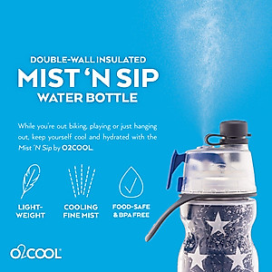O2COOL Mist 'N Sip Misting Water Bottle 2-in-1 Mist And Sip Function With No Leak Pull Top Spout Reusable Sports Water Bottle - 20 oz (Patriot)